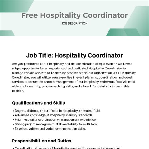 Free Hospitality Coordinator Job Description Template To Edit Online