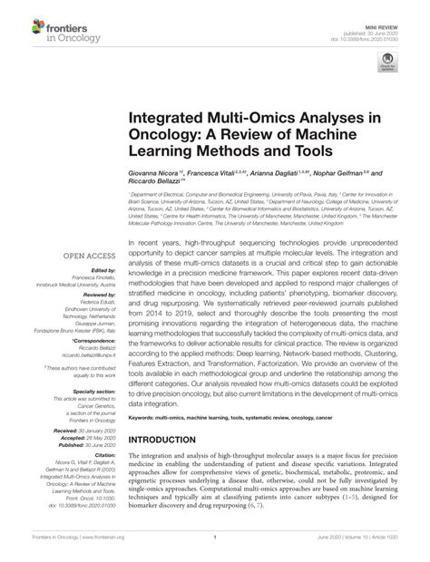 Pdf Integrated Multi Omics Analyses In Oncology A Review Of Machine