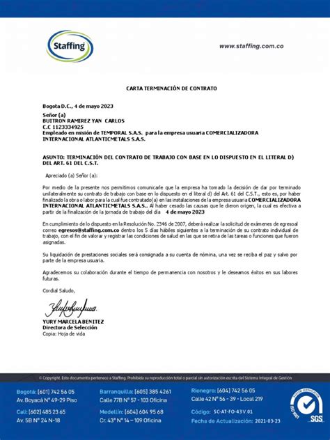 Terminación De Contrato 20 Pdf