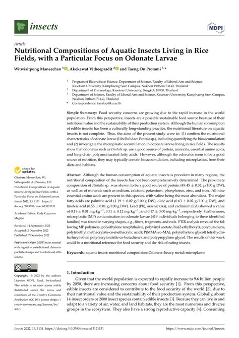 Pdf Nutritional Compositions Of Aquatic Insects Living In Rice Fields
