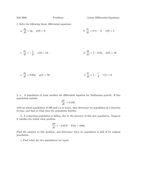 Linear Differential Equations Assignment Problems Math 122 Docsity