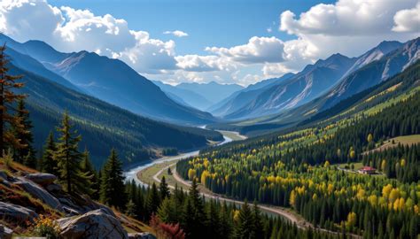 A Wide Panoramic Landscape Showing Mountains Forest And River