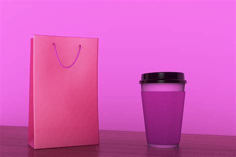 화려한 종이 빨간 파란색 배경에 커피 컵과 선물 가방을 가져 가라 3d 일러스트레이션 가리기에 대한 스톡 사진 및 기타 이미지