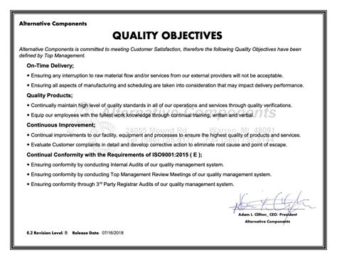 Quality Objectives Alternative Components Llc