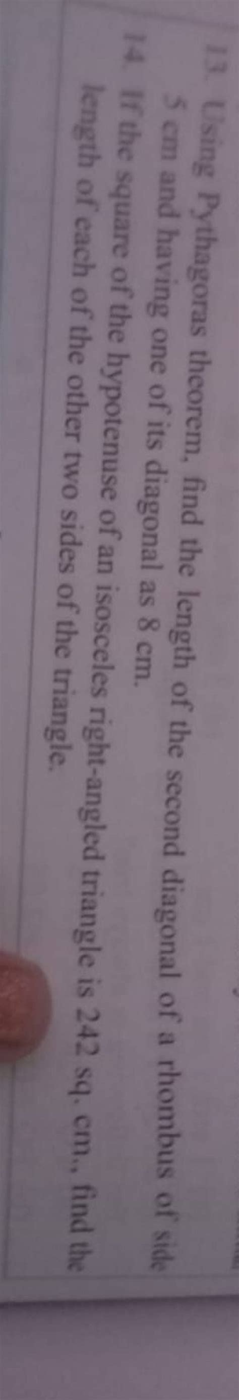 13 Using Pythagoras Theorem Find The Length Of The Second Diagonal Of A
