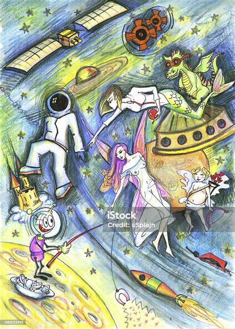 Cosmos Menggambar Dunia Fantasi Dreamland Ilustrasi Stok Unduh Gambar Sekarang Astronaut