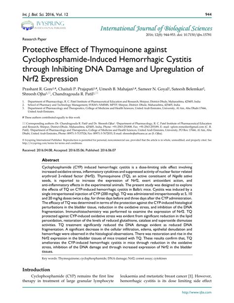 Pdf Protective Effect Of Thymoquinone Against Cyclophosphamide Induced Hemorrhagic Cystitis