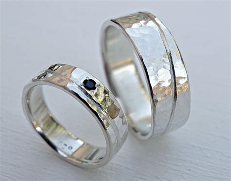 Hammered Sterling Silver Wedding Band Set Wave Engraved Gemstone Ring