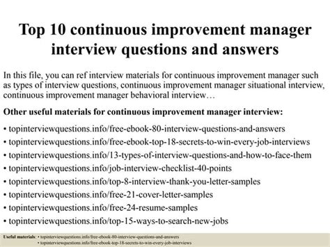 Top 10 Continuous Improvement Manager Interview Questions And Answers