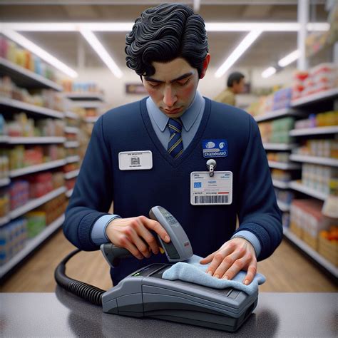 Hispanic Supermarket Employee Cleaning Barcode Scanner With Focus Ai