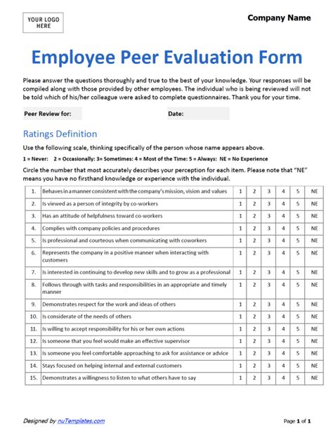 Sample Employee Peer Evaluation Form