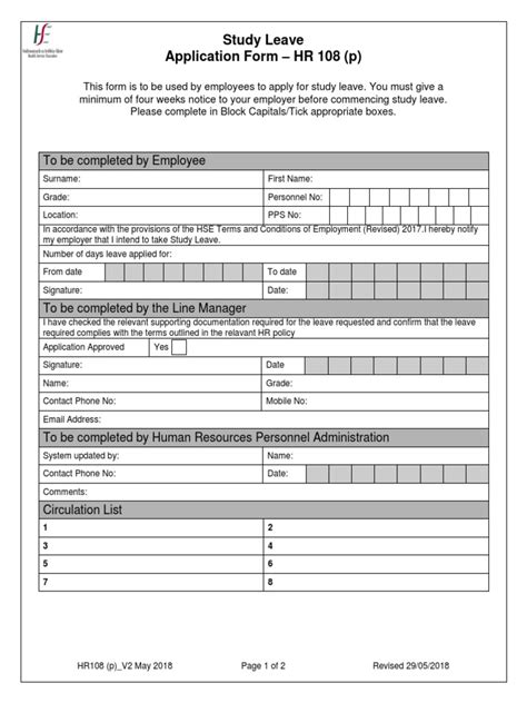 Study Leave Application Form Hr 108 P To Be Completed By Employee