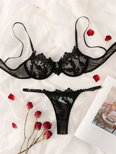 Embroidery Sheer Mesh Underwire Lingerie Set Socohoodie