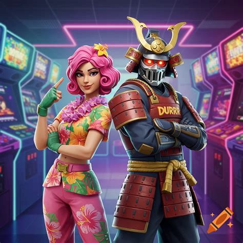 Two Stylized Video Game Characters A Pink Haired Woman In Hawaiian