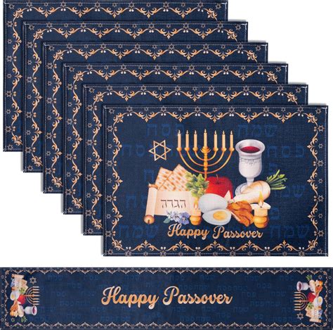 Grobro7 Passover Table Runner Placemats 7pcs Menorah Star Of David