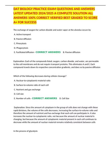 Dat Biology Practice Exam Questions And Answers Latest Updated 2024