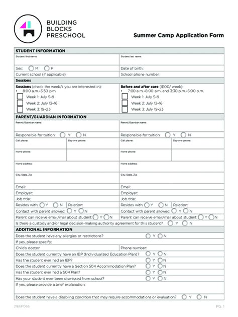 Fillable Online 21bbp066 Summer Camp Application Form Building Blocks Preschool Summer Camp