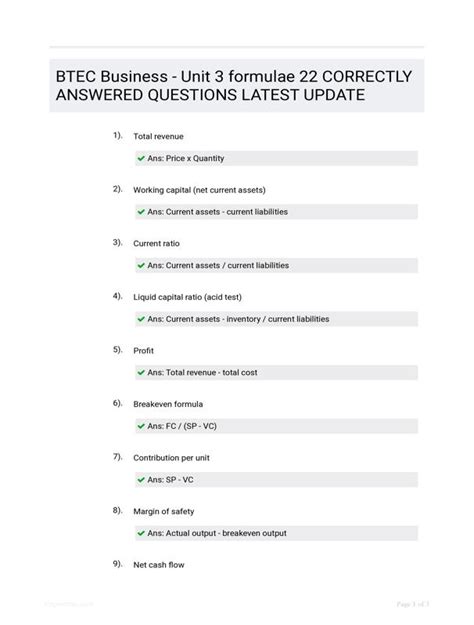 Btec Business Unit 3 Formulae 22 Correctly Answered Questions Latest