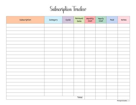 Subscription Trackers Free Pdf Templates