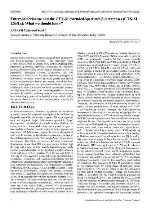 Pdf Enterobacteriaceae And The Ctx M Extended Spectrum β Lactamases Ctx M Esbls What We