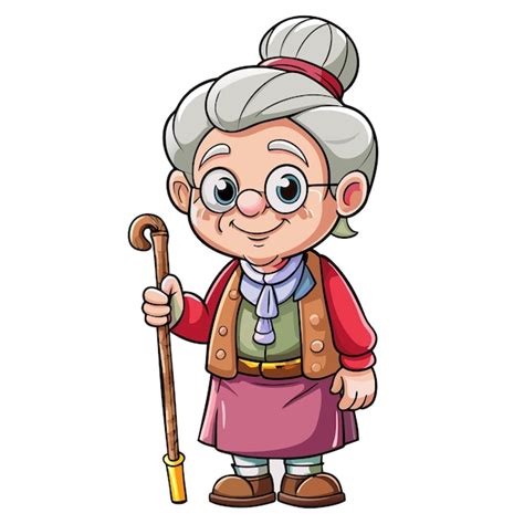 Adorable Grandma Leaning On Stick Cartoon Vector Illustration Premium