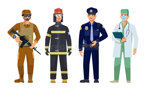 Conjunto De Personas De Diferentes Profesiones Bombero Policía