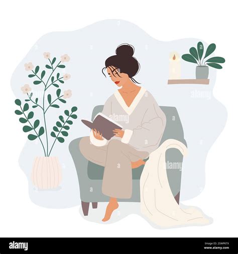 Woman Reading A Book In A Cozy Chair Self Care Concept Stock Vector Image And Art Alamy