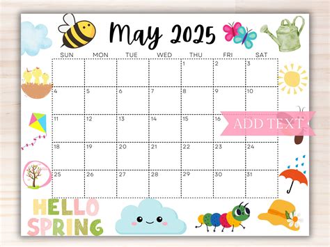 Editable May 2025 Calendar Printable Calendar 2025 Cute Spring Calendar With Bees And Flower