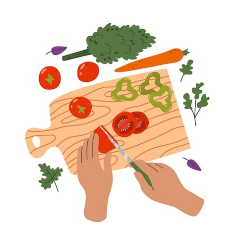 Premium Vector Isolated Hands Cut Vegetables With A Knife On Cutting Board In Flat Style