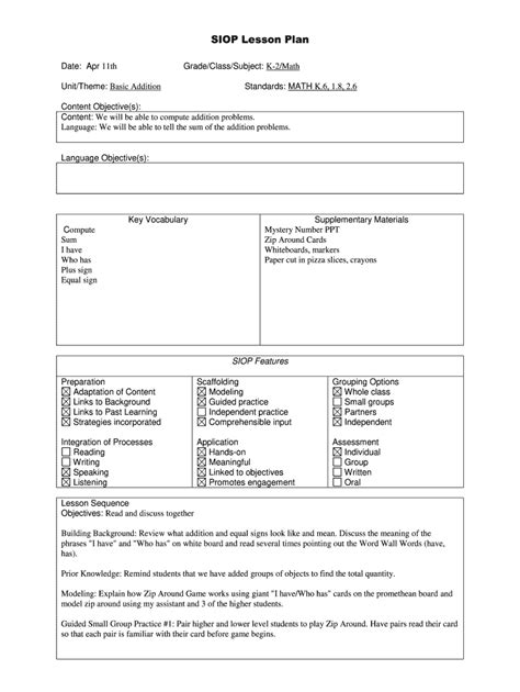 Sheltered Instruction Observation Protocol Lesson Plan Template