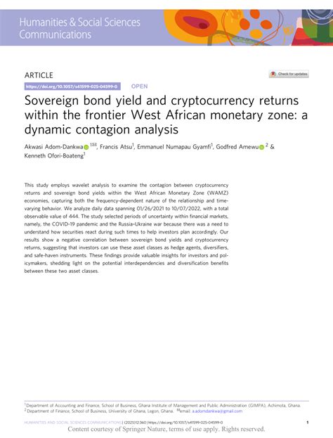 Pdf Sovereign Bond Yield And Cryptocurrency Returns Within The Frontier West African Monetary