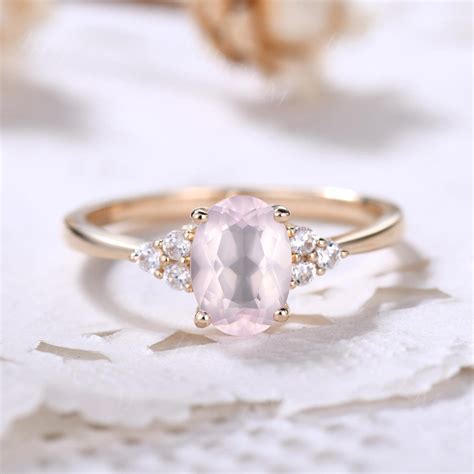 10ct Rose Gold Oval Shaped Rose Quartz Engagement Ring Diamond Ring