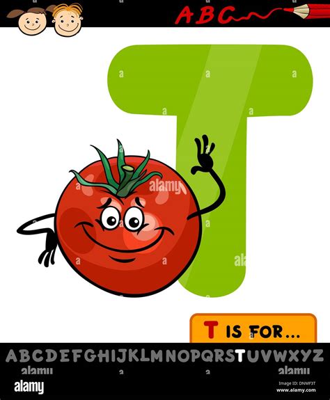 Cartoon Illustration Of Capital Letter T From Alphabet With Tomato For