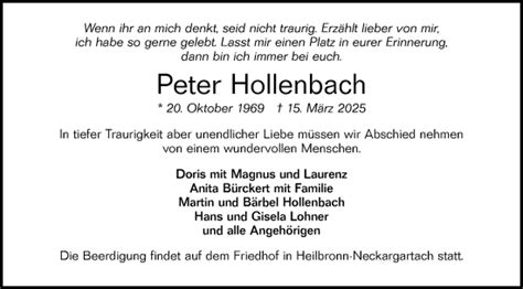 Traueranzeigen Von Peter Hollenbach Südwest Presse Trauer
