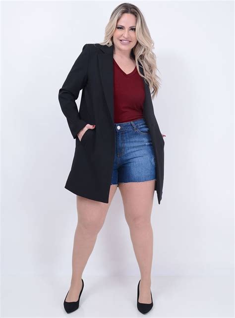 Blazer Longo Short Jeans Curto E T Shirt BordÔ Plus Size Moda Moda
