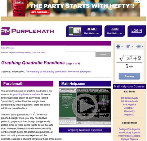Purplemath Graphing Quadratic Functions Introduction Handout For 9th