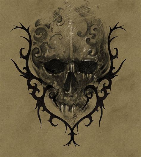 Handmade Design Of Tribal Black Skull Tattoo On Vintage Paper Photo