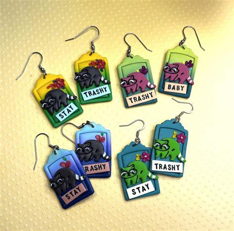 Stay Trashy Raccoon Polymer Clay Humorous Earrings Sculpted Hand