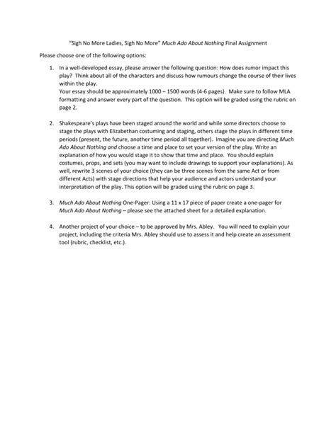 Much Ado About Nothing Final Assignment Options