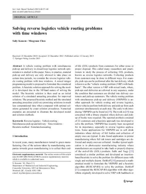 Pdf Solving Reverse Logistics Vehicle Routing Problems With Time Windows