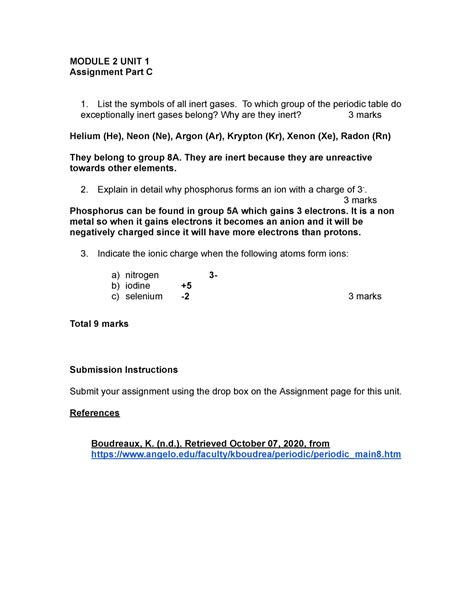 Module Unit Assignment C MODULE UNIT Assignment Part C List The Symbols Of All Inert