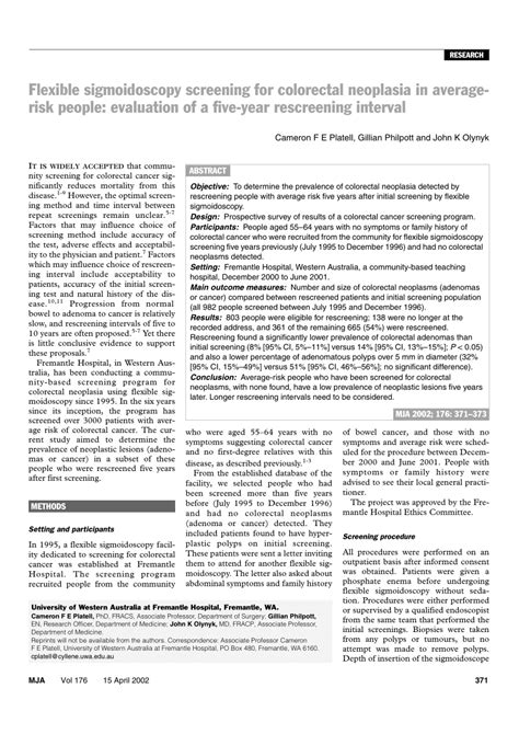 Pdf Flexible Sigmoidoscopy Screening For Colorectal Neoplasia In Average Risk People