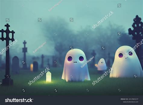 Cute Kawaii Ghost Graveyard Glowing Lights Stock Illustration