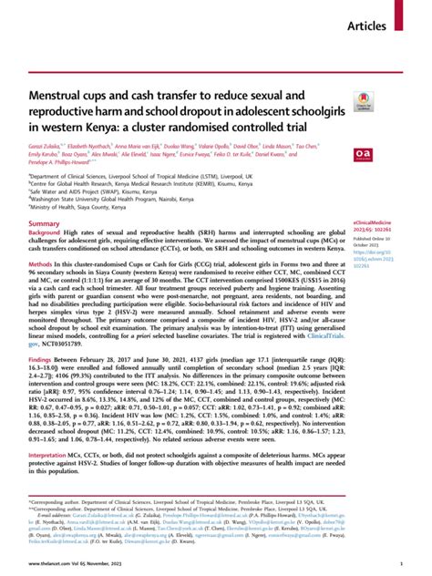 Menstrual Cups And Cash Transfer To Reduce Sexual And Reproducti 2023