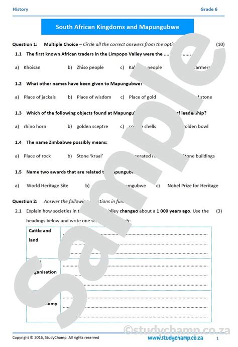 Grade 6 History Mid Year Exam Revision Workbook