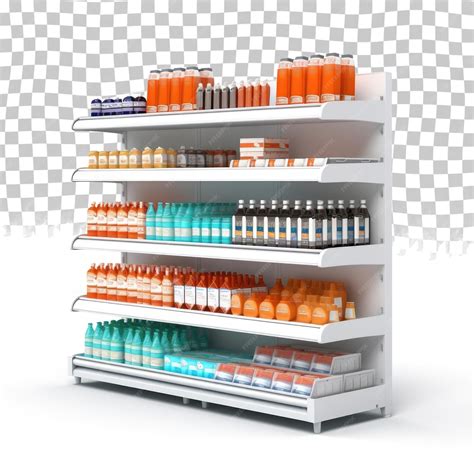 Shelf Rack Display Case In A Supermarket With Display Of Goods Colored