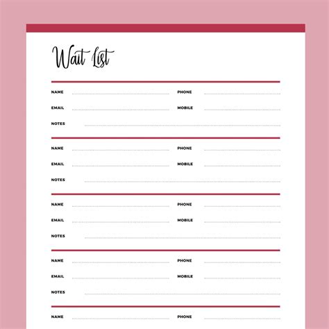 Printable Wait List For Small Businesses Plan Print Land