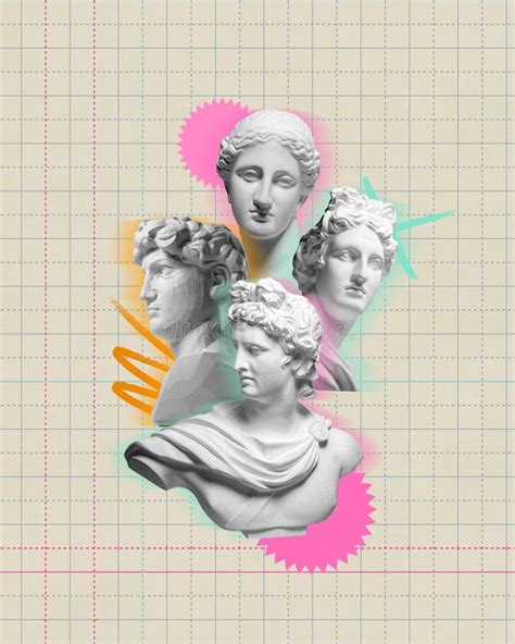 Contemporary Art Collage Multiple Classical Sculpture Busts Over Beige