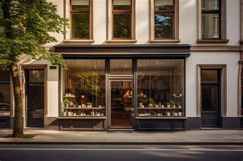 Elegant Cafe Facade Large Windows Wooden Accents City Street Setting