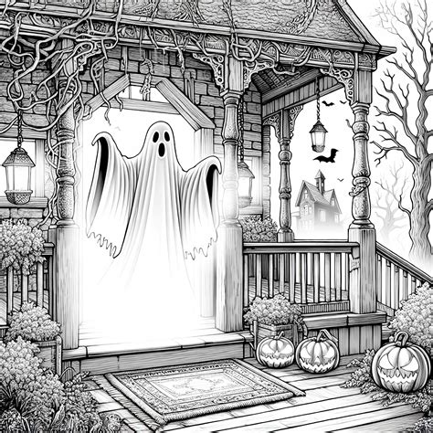 Ghost Appears In The Haunted House Downloadable Coloring Page Free